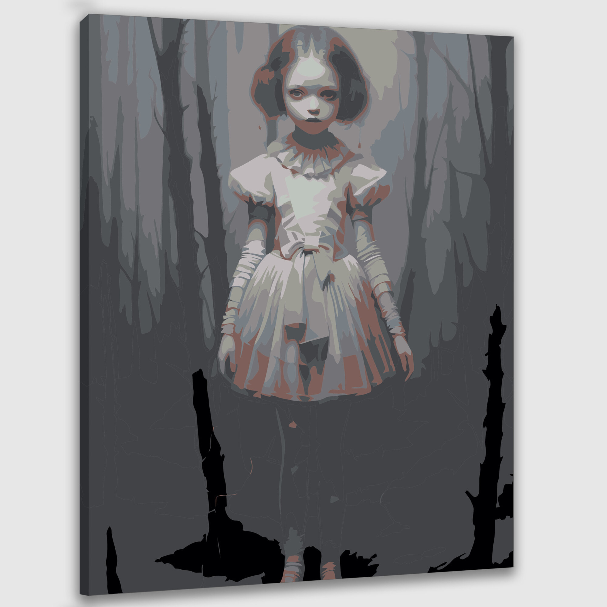 Картина по номерам 40x50 см, картина, масло, кукла, туман, лес, свет, тени, фарфоровая кожа, жуткая красота