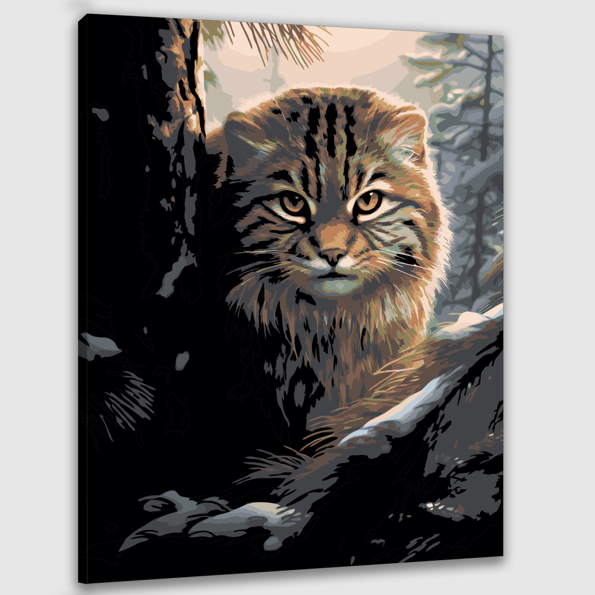 Картина по номерам 40x50 см, манул, фотореализм, цифровая иллюстрация, сибирская тайга, сосны, природа, уют