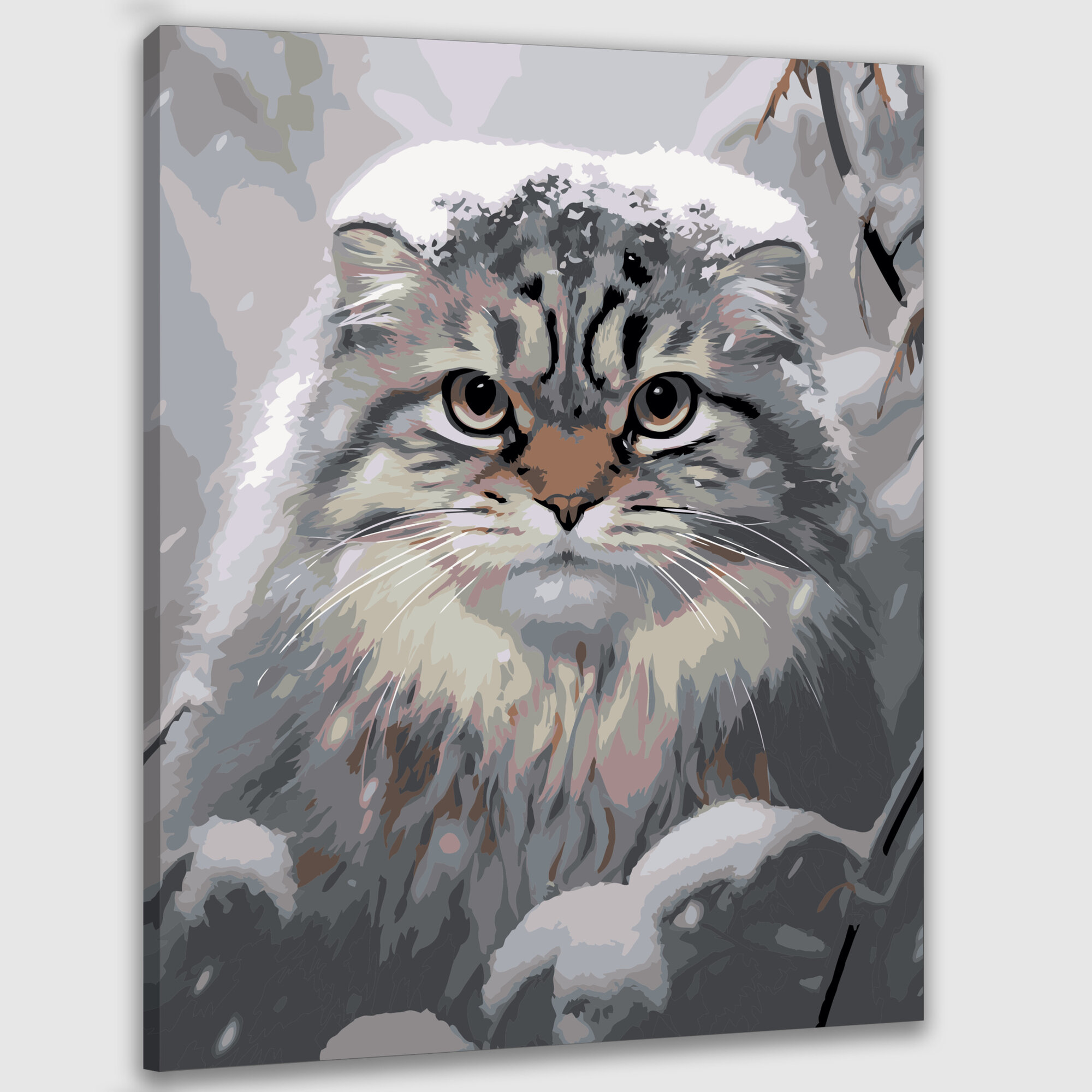 Картина по номерам 40x50 см, манул, мануловая кошка, заснеженный пейзаж, белый мех, желтые глаза, густые кусты