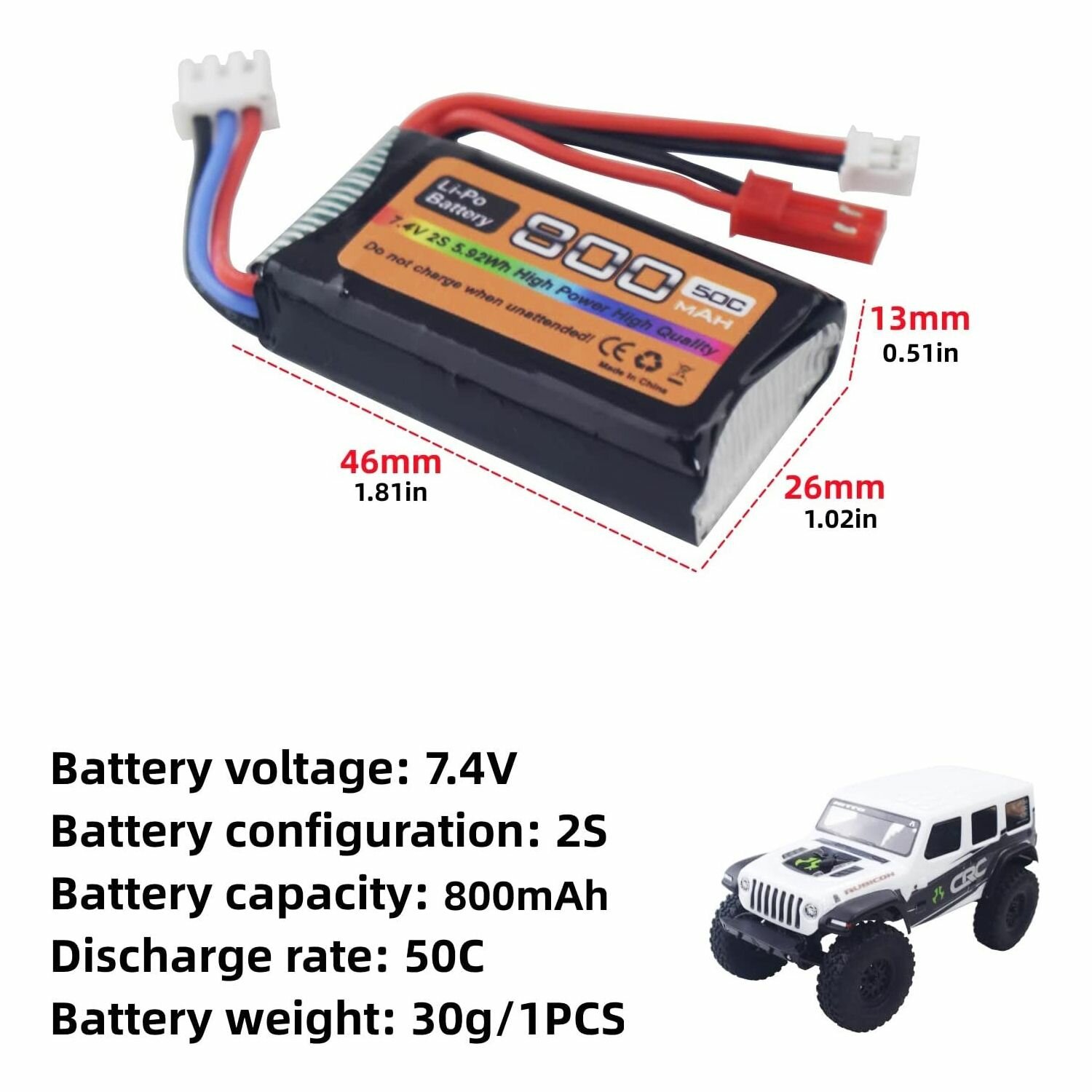 2 литиевых аккумулятора 7,4 В 800 мАч с разъемами JST и PH2.0 для игрушечных автомобилей SCX24