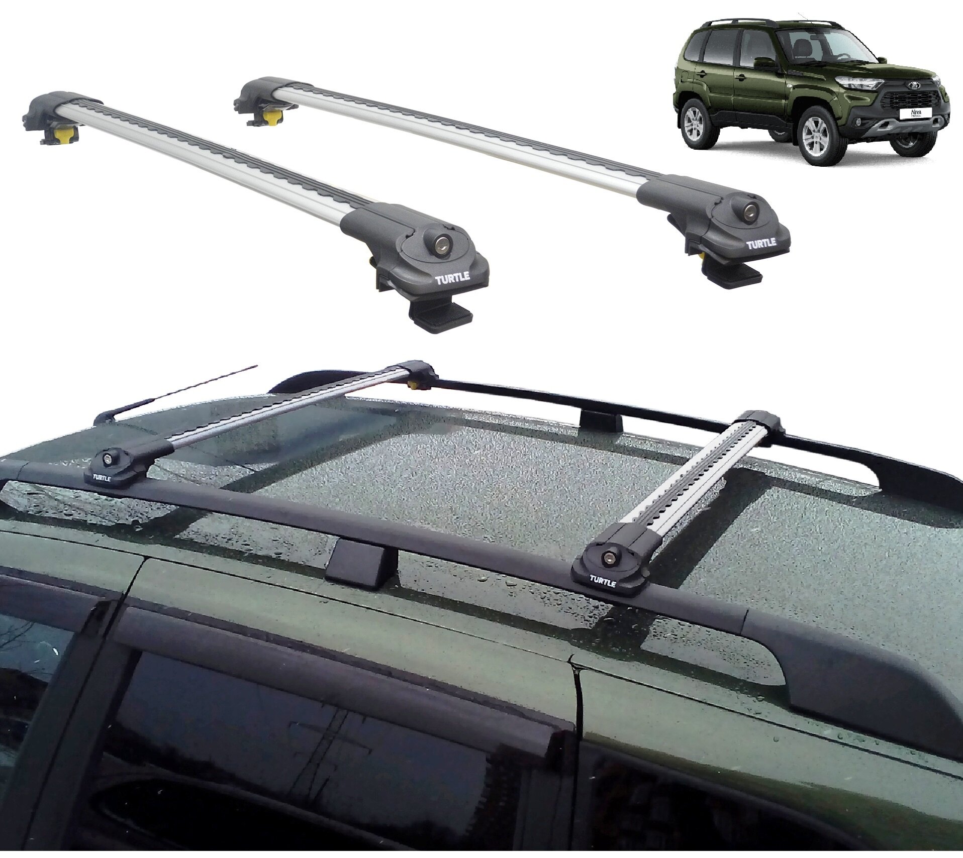 Багажник на рейлинги Лада Нива Тревел (Lada Niva Travel, 2020-.), Turtle Air 1, серебристый цвет