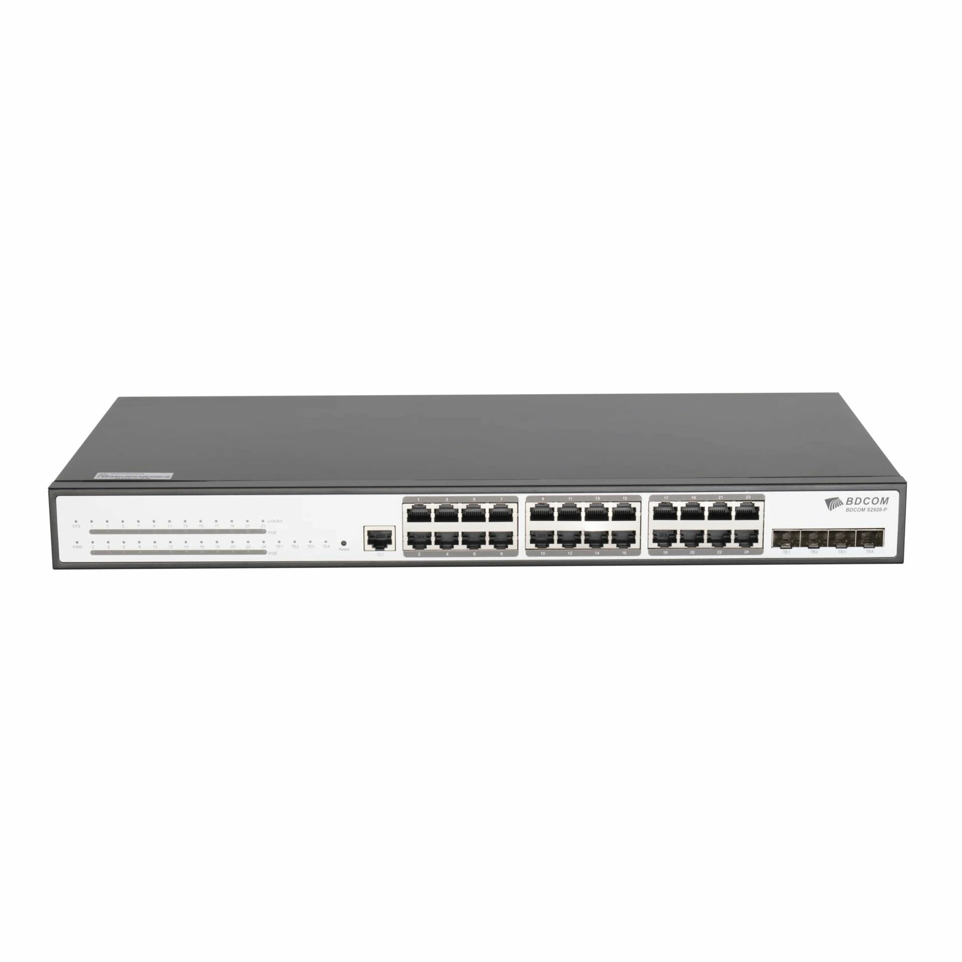 Управляемый PoE коммутатор уровня 3 BDCOM S2900-24P4X, 24x 10/100/1000Base-T PoE 802.3af/at до 370W, 4x 1/10GE SFP+, 220VAC + 36-72VDC