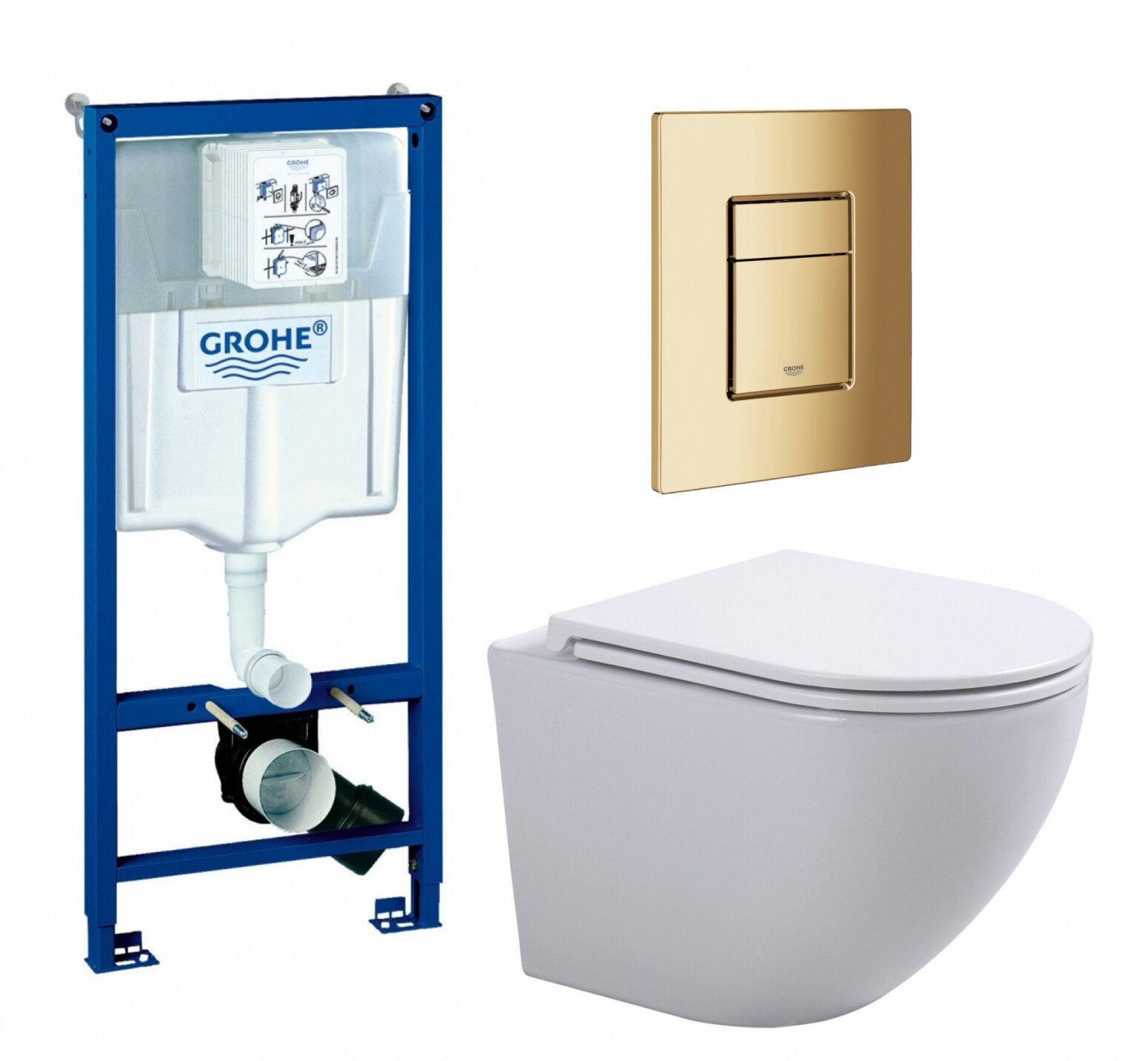 Комплект 3 в 1 инсталляция Grohe Rapid SL + Подвесной унитаз SinteSi EVI + кнопка холодный рассвет глянцевая