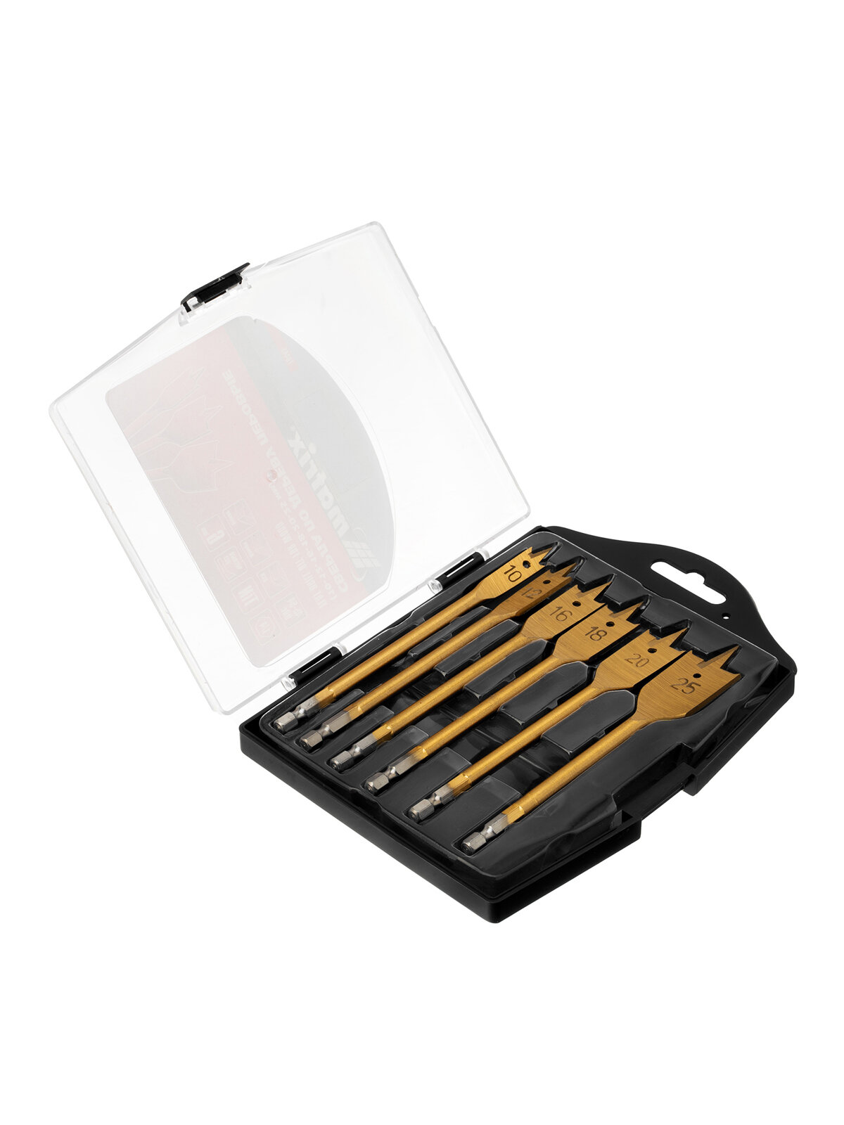 Набор сверл перьевых по дереву Matrix, 10, 12, 16, 18, 20, 25 мм, 6 штук из стали 45 в кейсе, перовые 70445