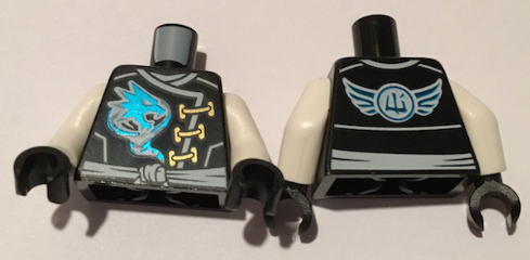 Torso Ninjago Robe with Gold Clasps, Zane Power Symbol, White Sash and Emblem and Wings on Back Pattern / White Arms / Black Hands, 973pb2373c01 Black U