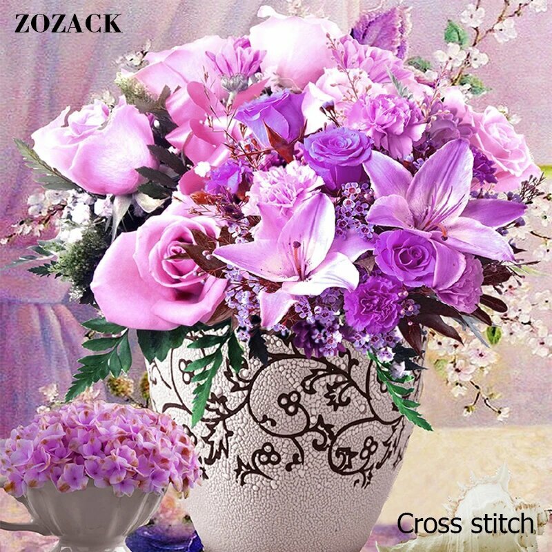 Zozack DMC набор для вышивки крестом фиолетовые розы 11CT Silk 54x67cm