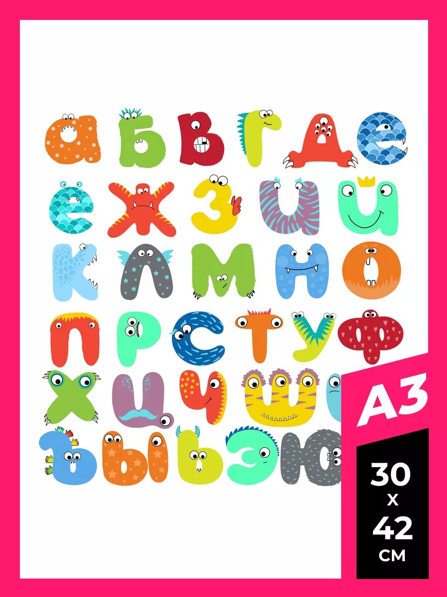 Плакат постер русский алфавит и азбука Яркие веселые буквы