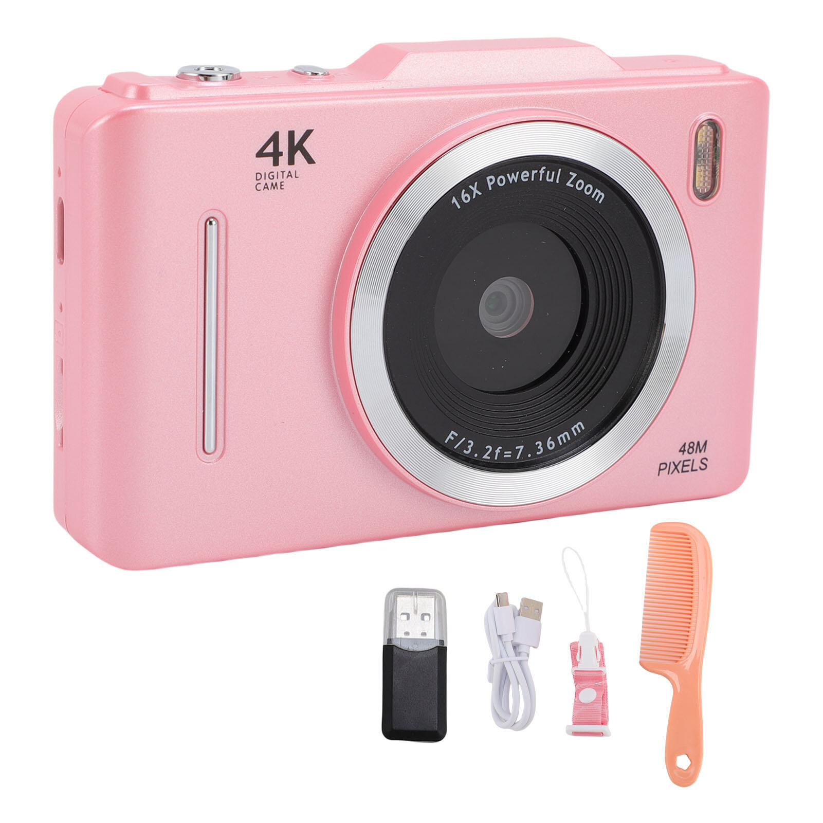 Цифровая фотокамера 4K с автофокусом, разрешением 48 Мп, системой стабилизации изображения, 16-кратным зумом, 2,8-дюймовым экраном, розового цвета.