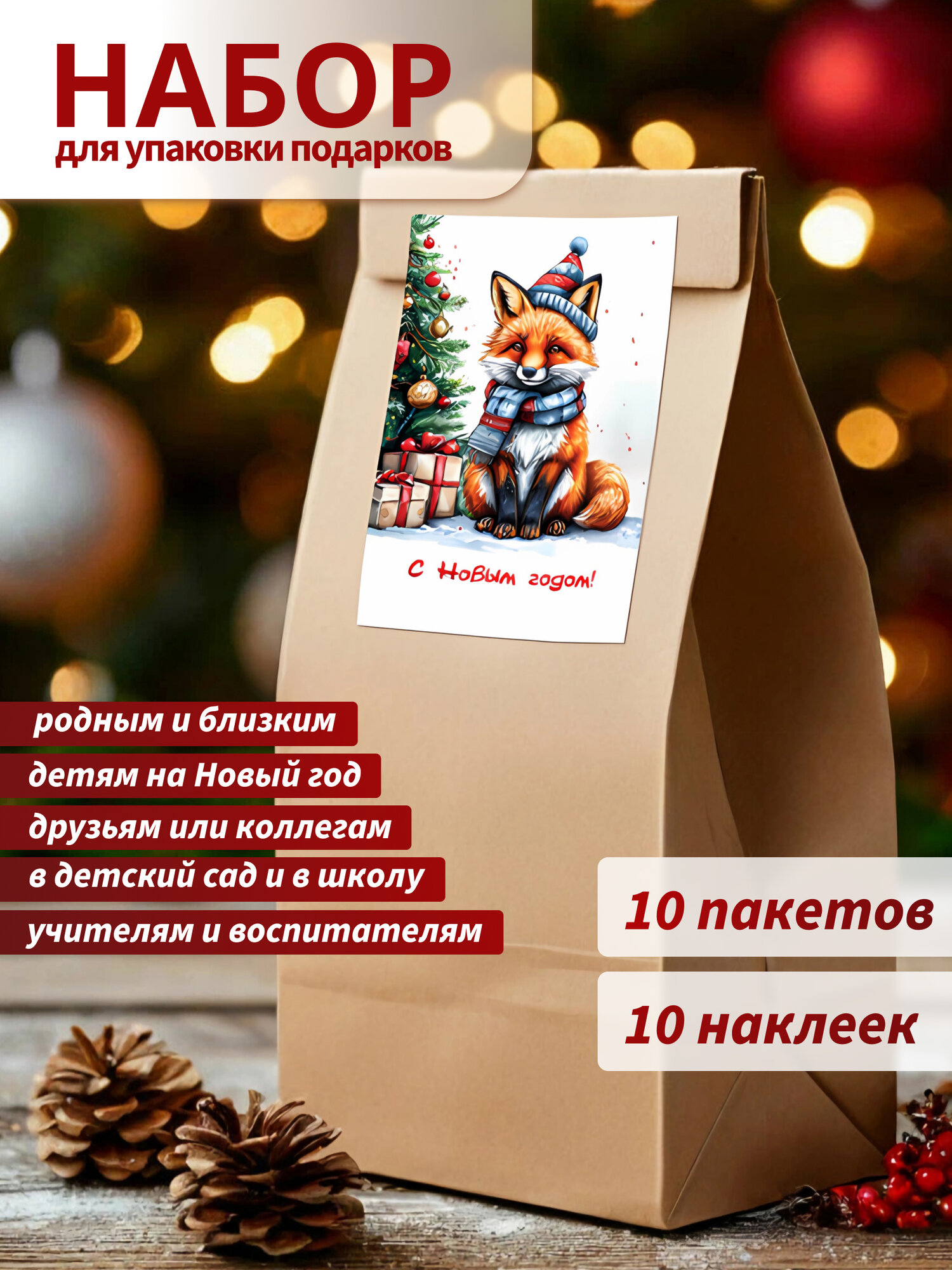 Новогодние подарочные пакеты для подарков бумажные крафт с наклейками бирками, 10шт