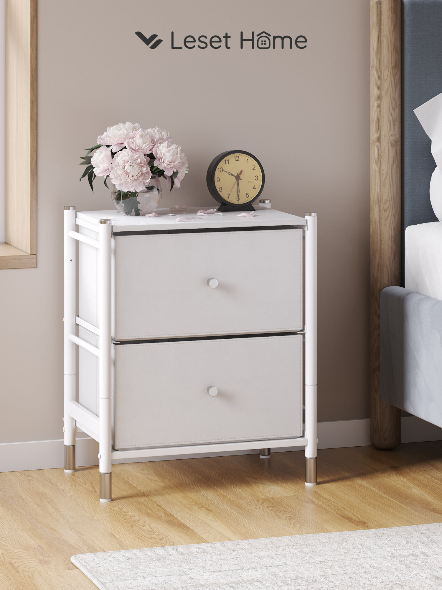Комод Leset Нирита, 2 ящика, тумба прикроватная в спальню, каркас металлический Белый, фасад экокожа