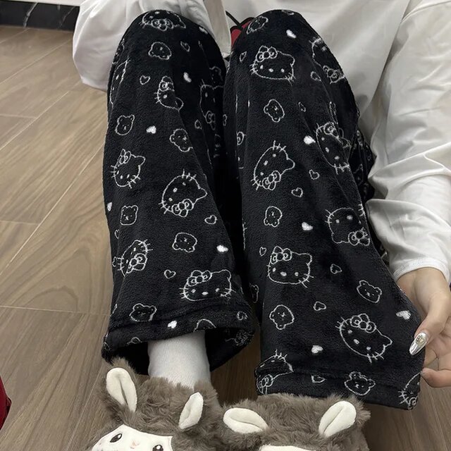Милые плюшевые пижамные штаны Hello Kitty, пижама с принтом Pochacco из мультфильма Sanrio, повседневная, мягкая, удобная и очаровательная домашняя одежда для девочек, Размер: M