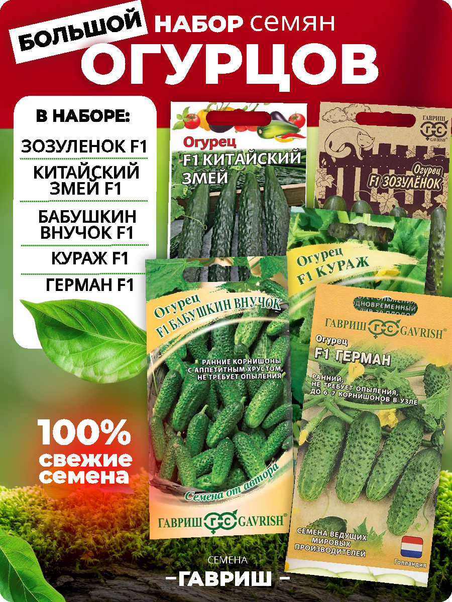 Семена огурцов для огорода ассорти №9 (Кураж, Герман, Зозуленок, Китайский змей, Бабушкин внучок)