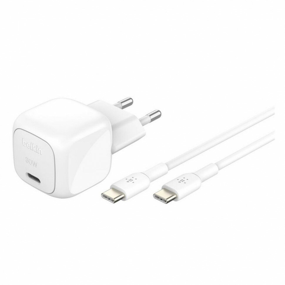 Сетевое зарядное устройство Belkin BoostCharge Compact USB-C Wall Charger 30 Вт с кабелем (WCA008kq1MWH-B6) White