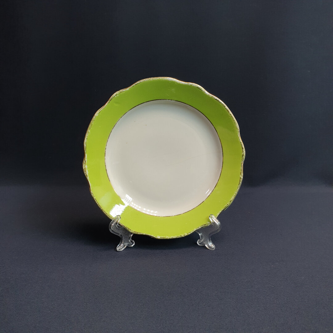 Пирожковая тарелка Дулево, фарфор позолота 17 см, трещина скол, винтаж СССР