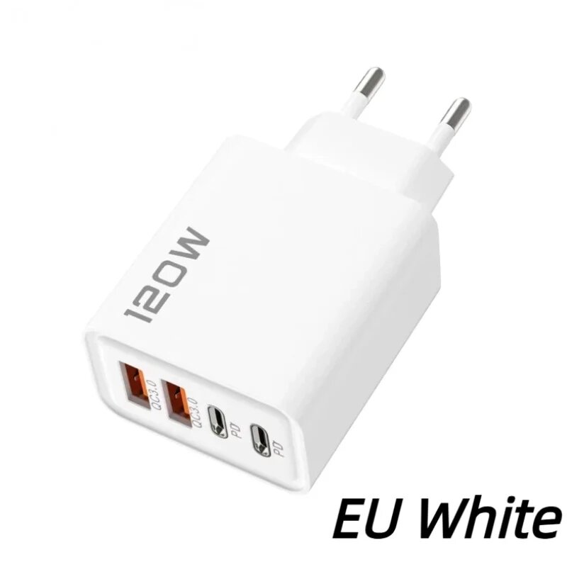 120 Вт 4-портовое зарядное устройство USB TypeC, кабель для быстрой зарядки данных, EU White