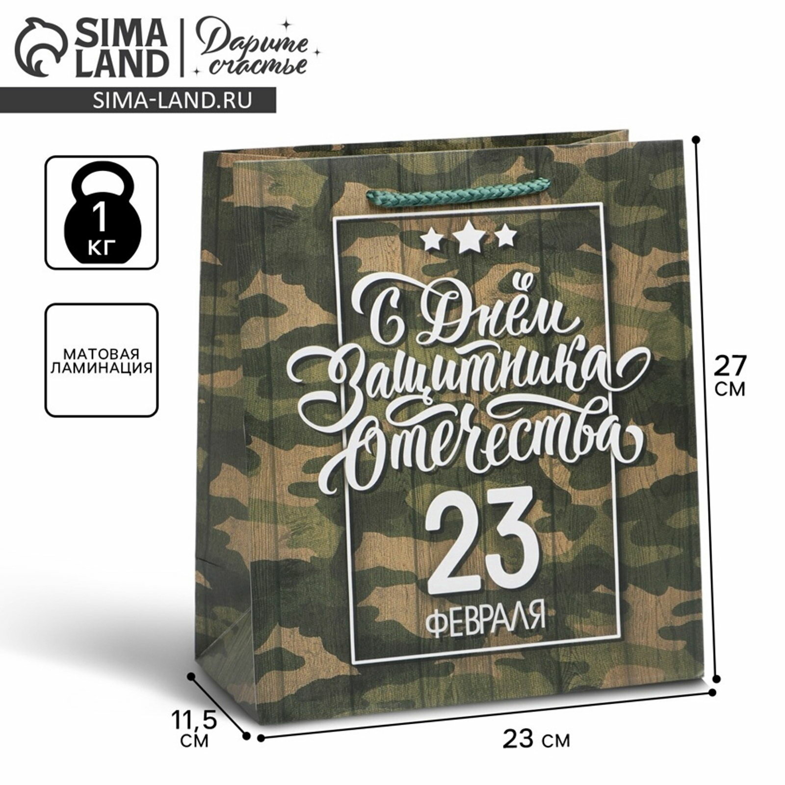 Пакет подарочный ламинированный, упаковка, "С 23 февраля", ML 27x23x11.5 см