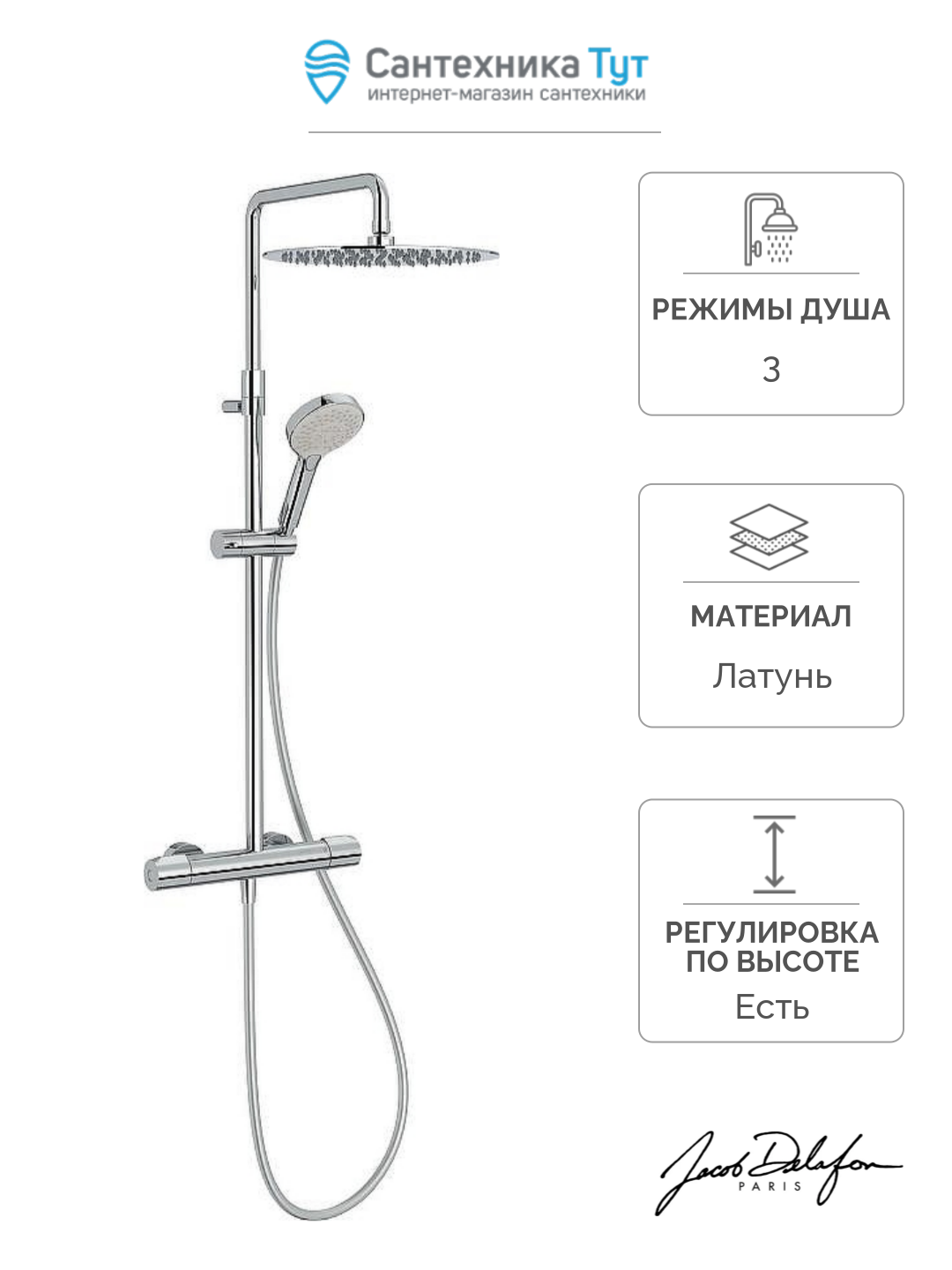 Душевая система Jacob Delafon Metro E26588-CP с термостатом Хром латунь на стену без излива со смесителем