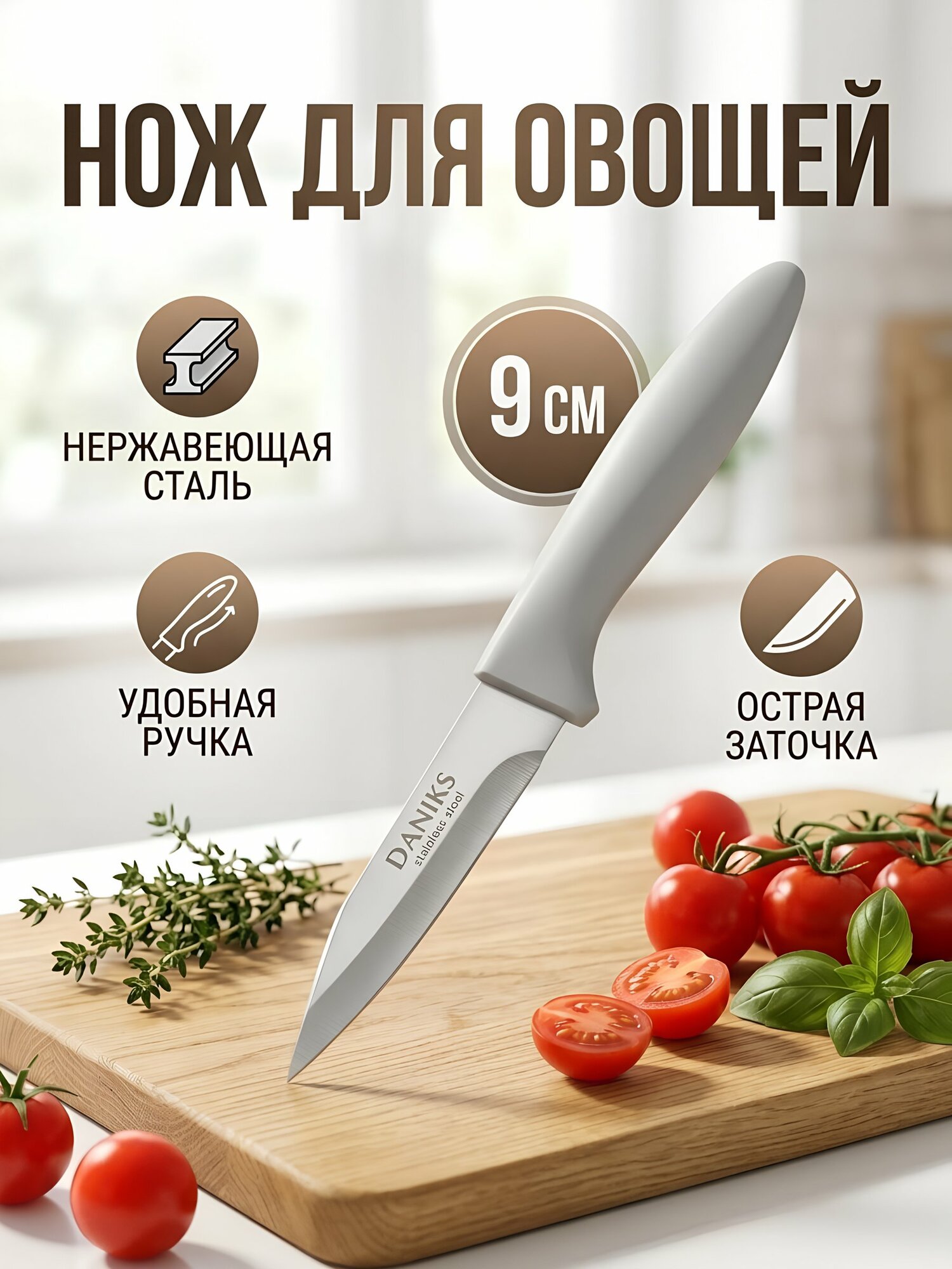 Нож кухонный Daniks Эконом для овощей, 9 см, нержавеющая сталь, серый, пластиковая рукоятка, артикул YW-A054-PA