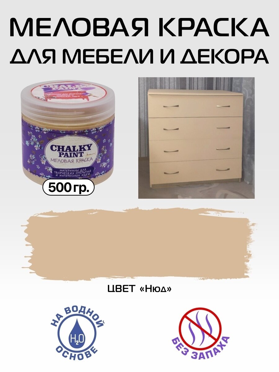 Краска меловая для мебели и декора Chalky Paint, на водной основе, нюд, 500 г