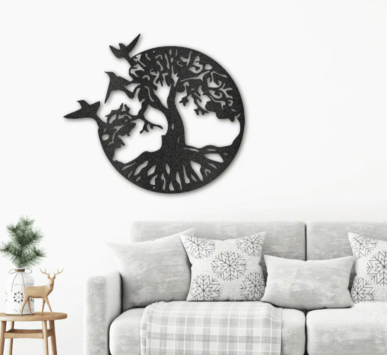 Панно 50х50 см "Дерево с птицами" декоративное настенное чёрное, декор на стену, картина