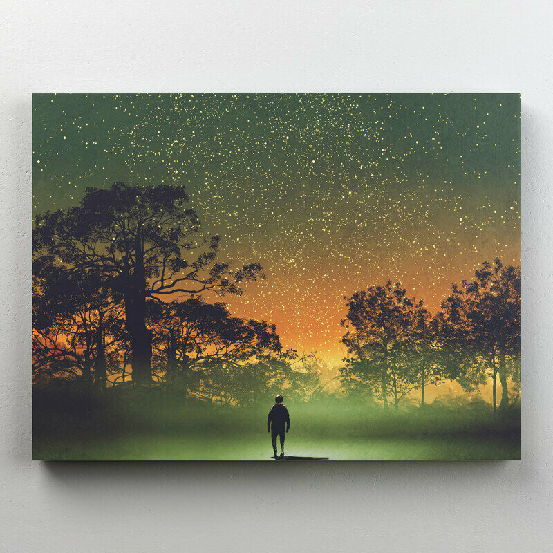 Интерьерная картина на холсте "Мальчик наблюдает за звездным небом в лесу" размер 30x22 см
