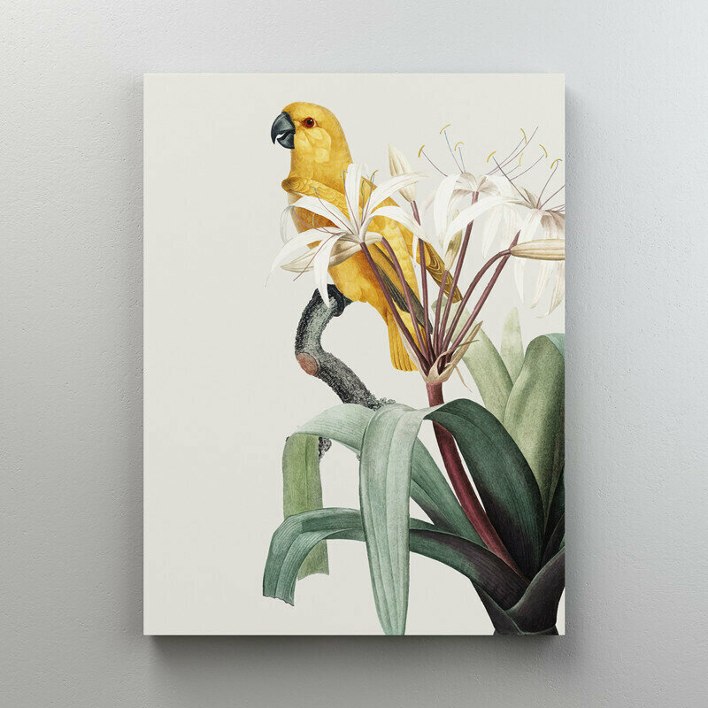 Интерьерная картина на холсте "Винтажный постер - Желтый попугай в цветах" размер 22x30 см
