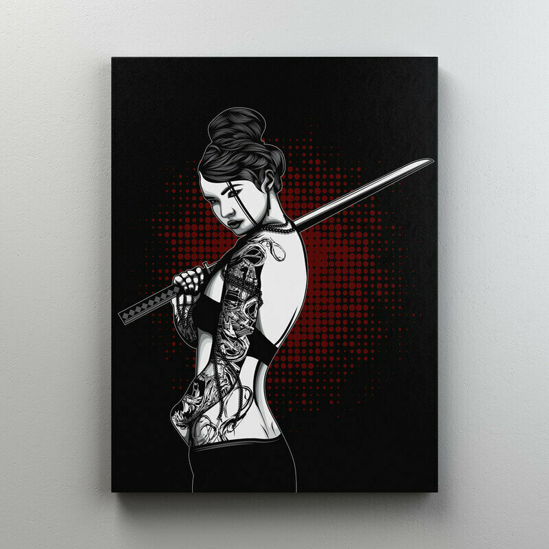 Интерьерная картина на холсте "Иллюстрация - девушка с катаной и татуировками" размер 45x60 см
