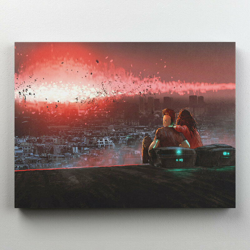 Интерьерная картина на холсте "Арт - будущее, люди наблюдают за апокалипсисом" размер 30x22 см