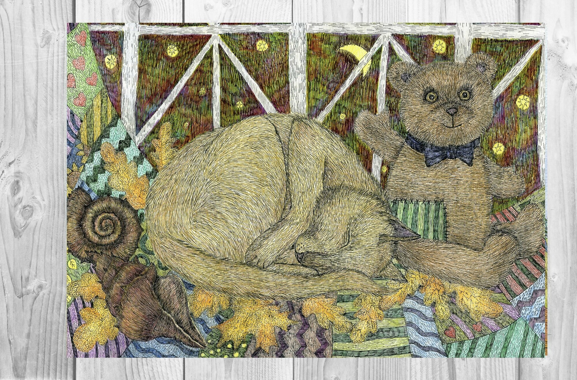 Открытка Спящий кот и мишка тедди. Открытка с котом поздравительная с конвертом