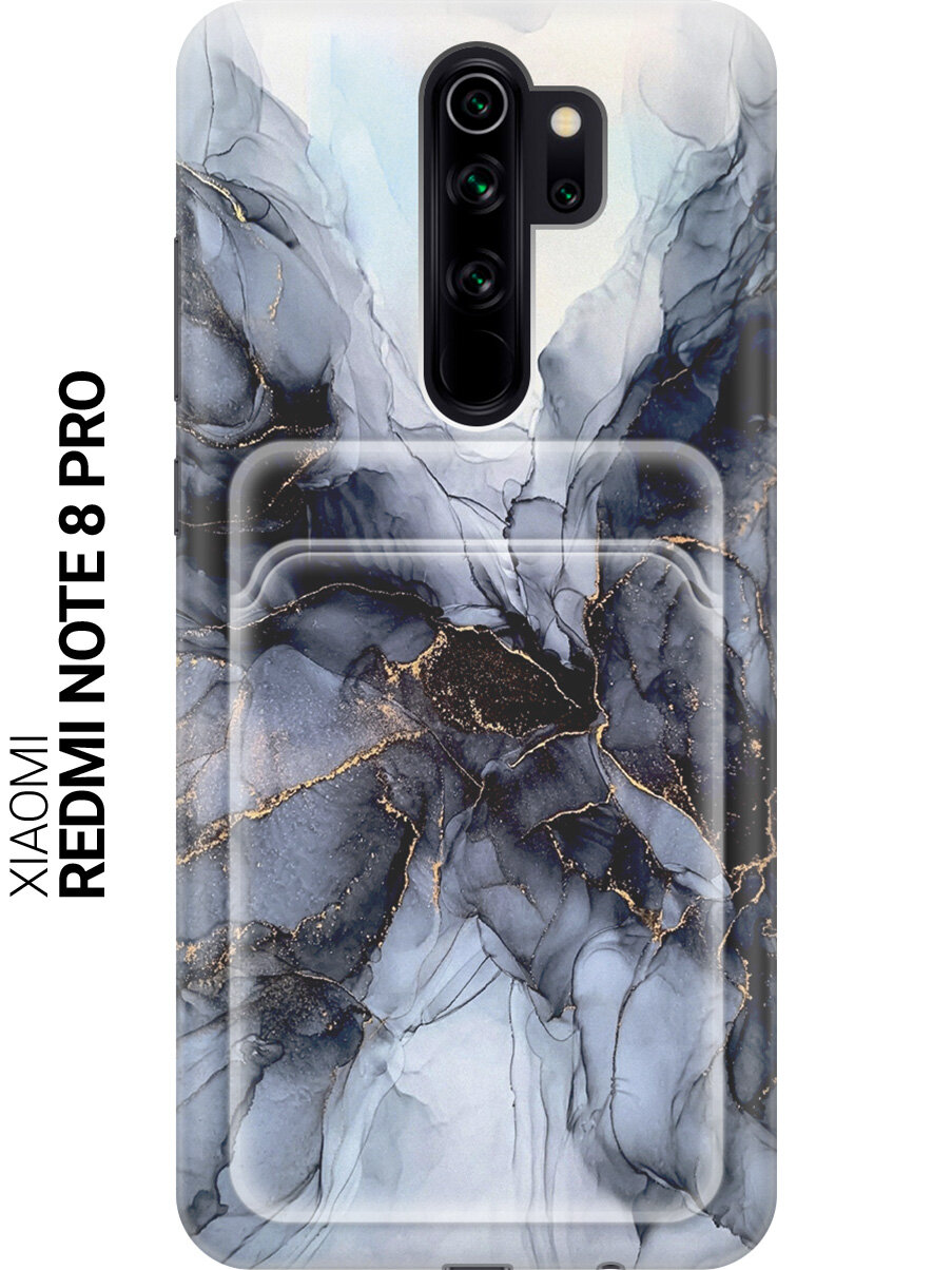 Чехол с карманом для карт на Xiaomi Redmi Note 8 Pro / Сяоми Редми Ноут 8 Про с принтом "Черно-белый мрамор"