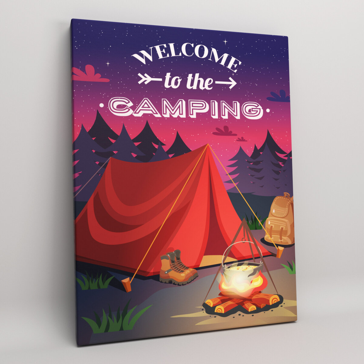 Картина на холсте (интерьерный постер) "Добро пожаловать в кемпинг" путешествия - отдых, с деревянным подрамником, размер 30x40 см