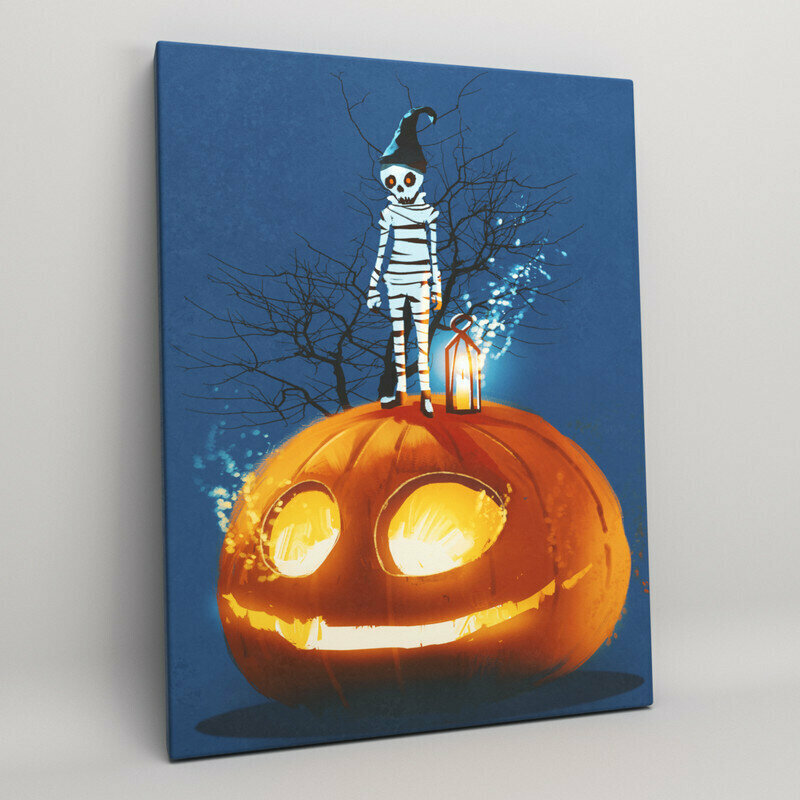 Картина на холсте (интерьерный постер) "Хэллоуин - скелет на тыкве", с деревянным подрамником, размер 22x30 см