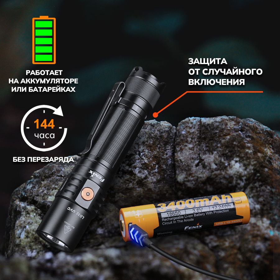 Фонарь ручной тактический аккумуляторный светодиодный мощный Fenix LD32 UVC УФ освещение для дезинфекции — фото 1