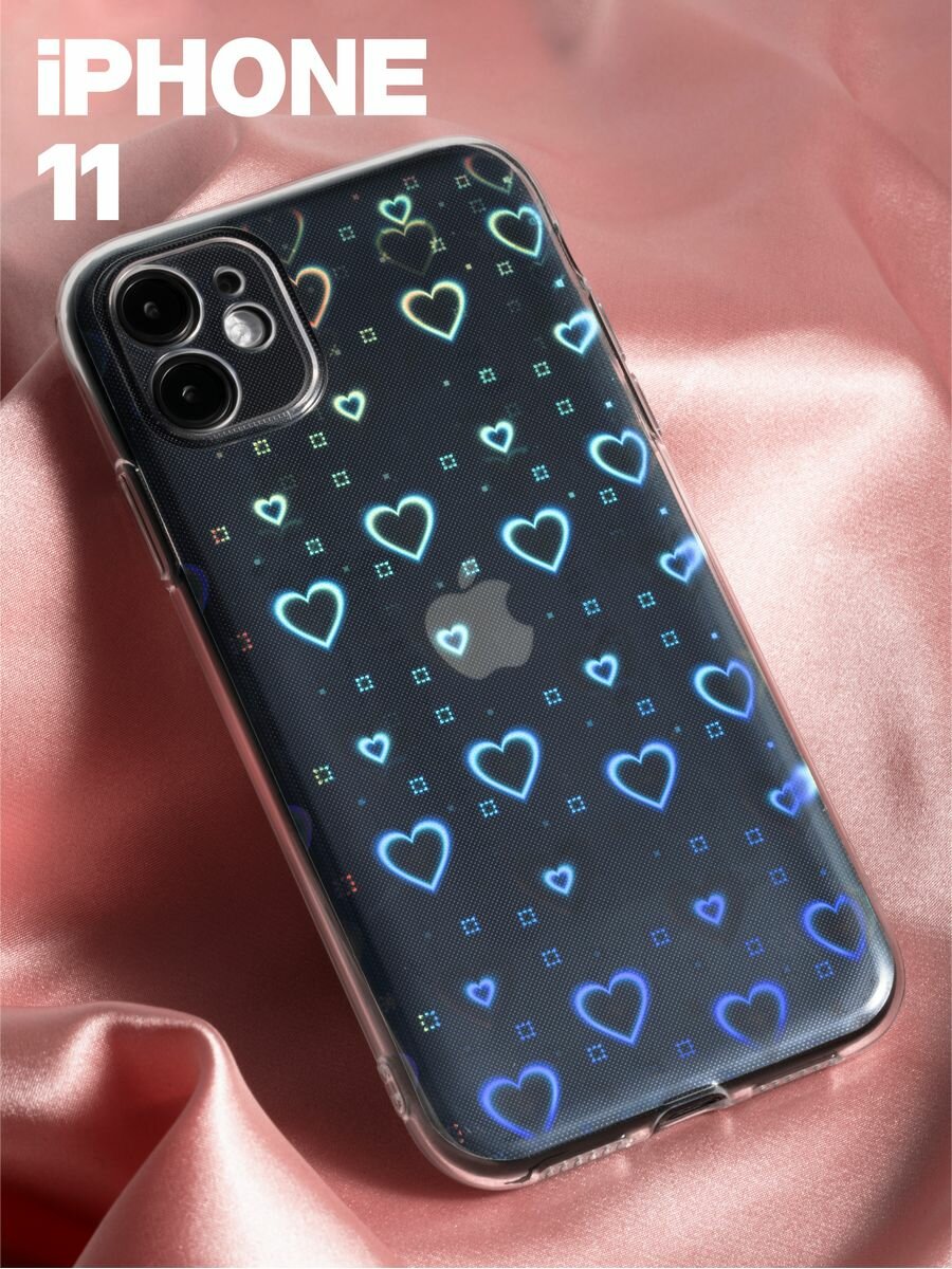 Чехол О'кейси "Сердечки", для iPhone 11, силикон, прозрачный, защита камеры