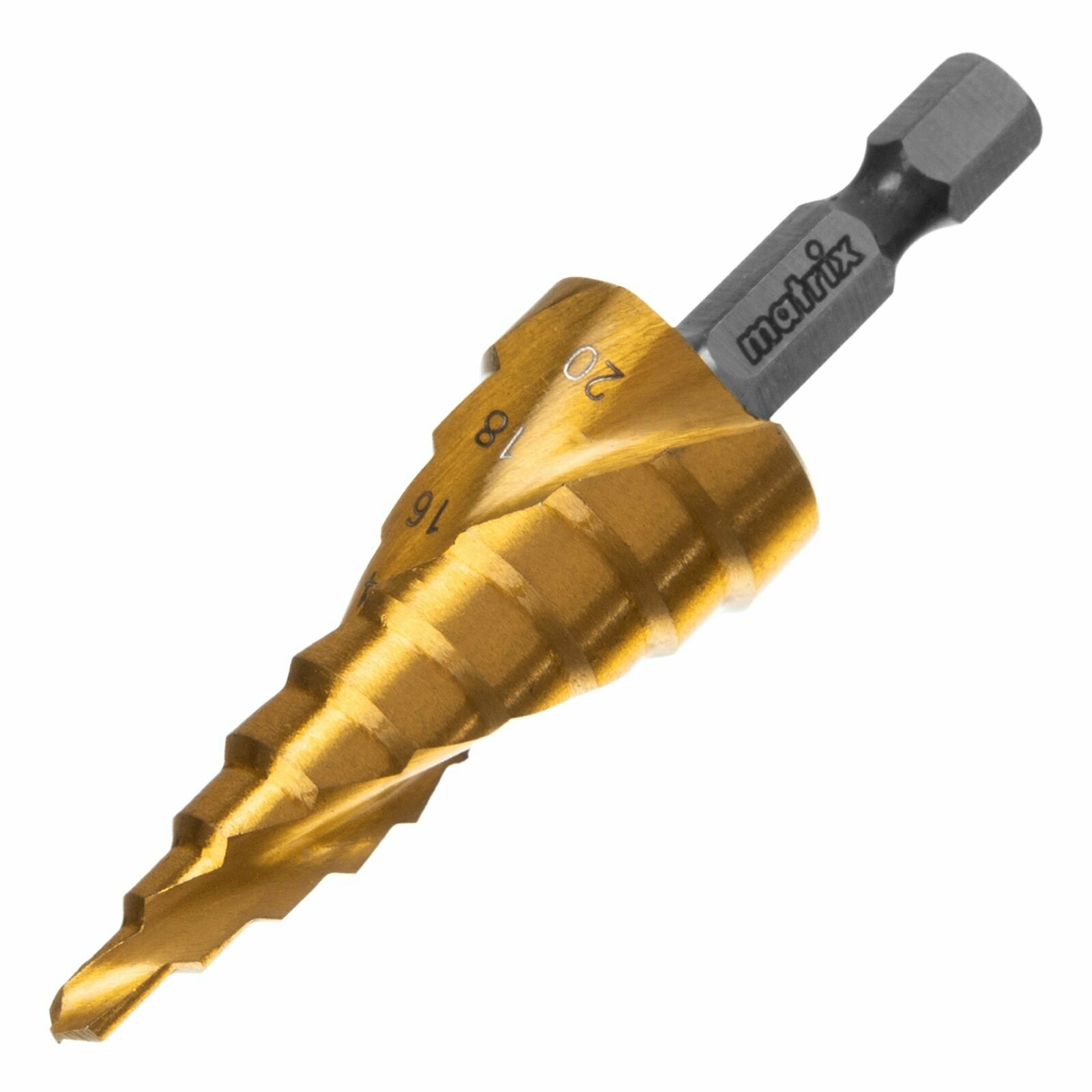 Сверло ступенчатое, 4-20 мм HSS, спиральный профиль, шестигранный хвостовик Matrix 72356