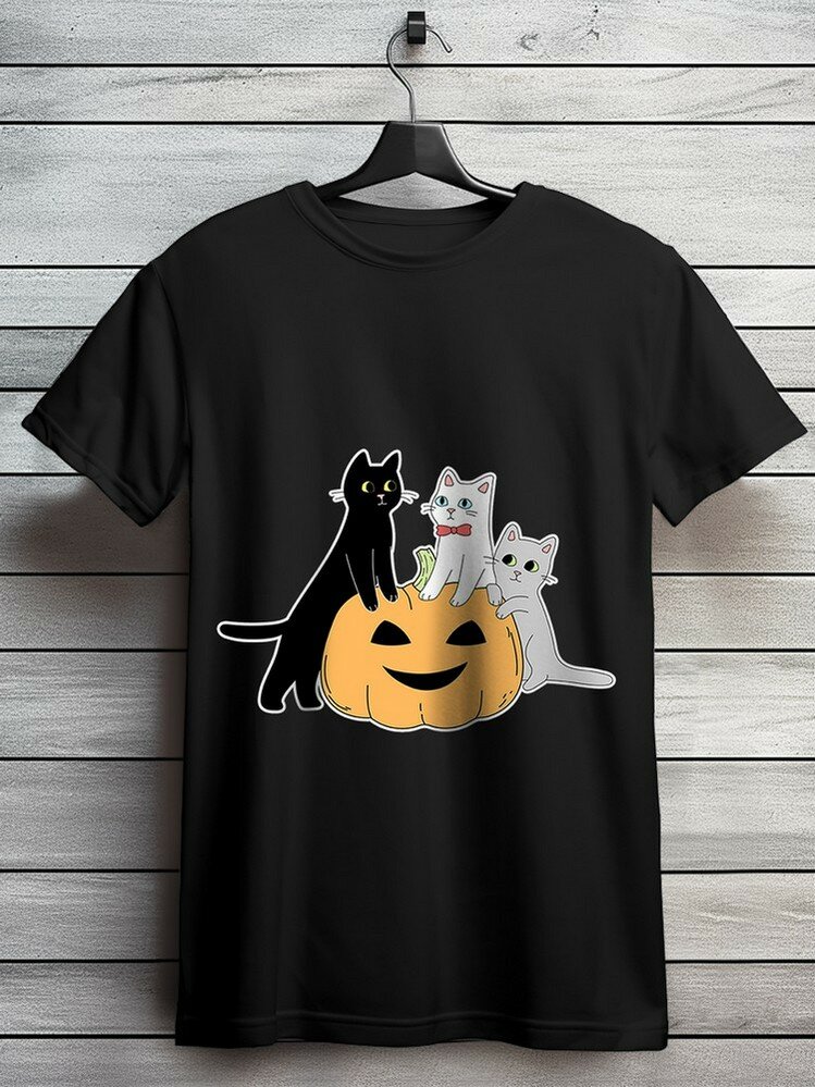 Футболка Футболка унисекс черная из хлопка с DTF принтом Хеллоуин Котик и тыквы (осень, подарок, Helloween) - 9459