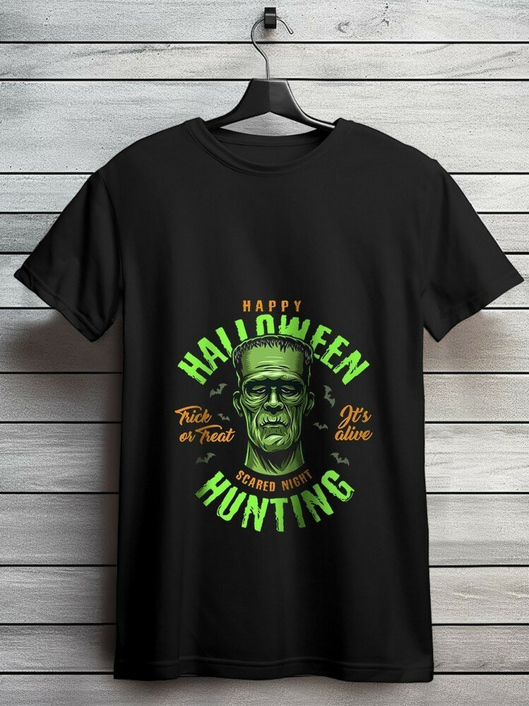 Футболка Футболка унисекс черная из хлопка с DTF принтом хеллоуин зомби ( кости, Helloween, конфеты, хоррор) - 8426