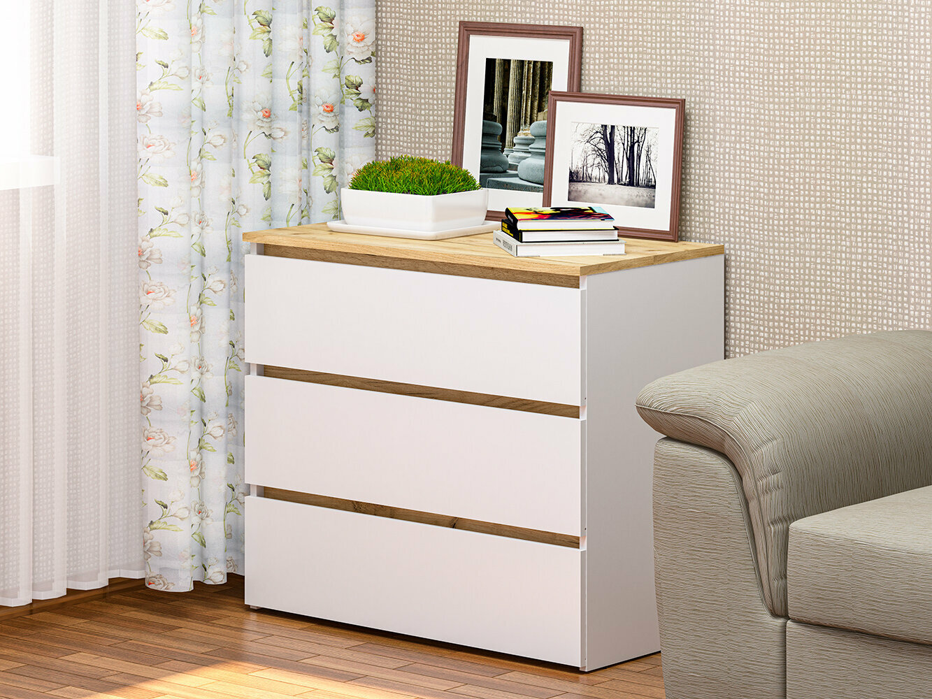 Комод МК "Пирамида"К-25,3 ящика, цвет белый/золотой, 70.5*80*42 см