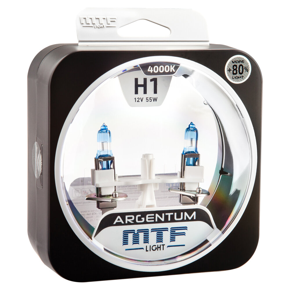 Галогенные автолампы MTF Light серия ARGENTUM +80% H1, 12V, 55W, комп.
