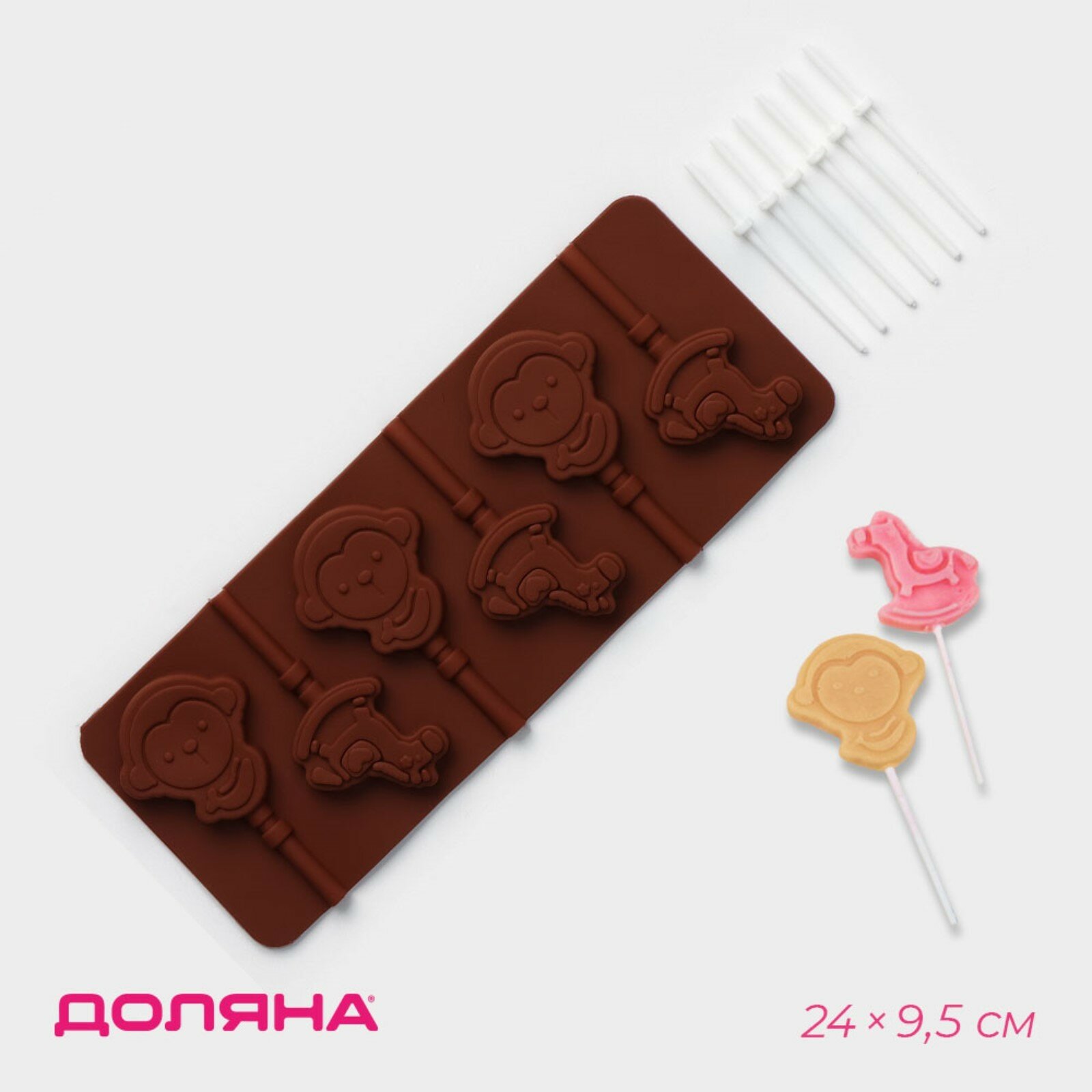 Форма силиконовая для леденцов Доляна «Детство», 24×9,5 см, 6 ячеек, с палочками 1540890
