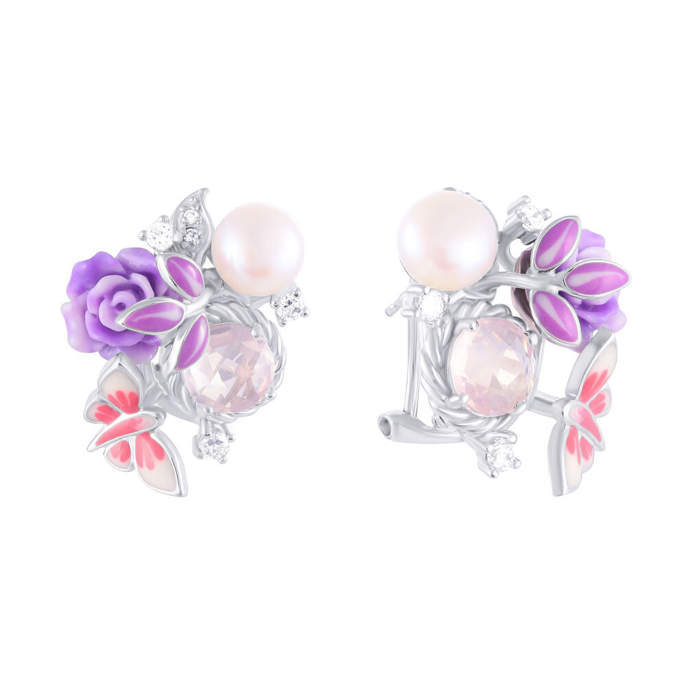 Серьги, серебро, 925 проба, кварц, фианит, жемчуг, эмаль