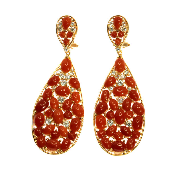 Серьги, серебро, 925 проба, фианит, коралл