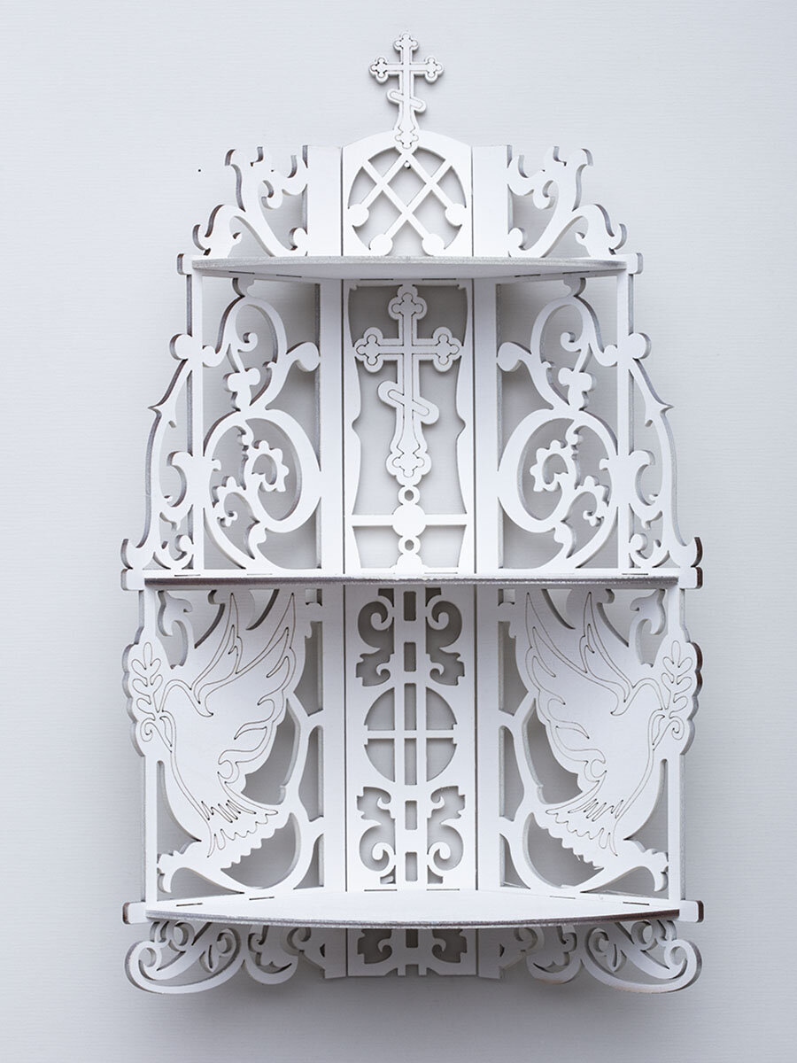 Угловой большой домашний иконоста, полка для икон белая, иконница угловая, божница домашняя, православный алиарь