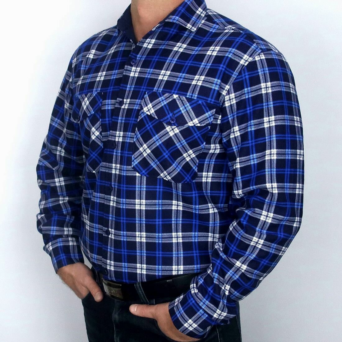 Рубашка Рубашка мужская с длинным рукавом, прямая классическая, темная сорочка, на пуговицах, рубаха на любой сезон, стильный фасон одежды, синяя, клетка, с карманами, утепленная теплая