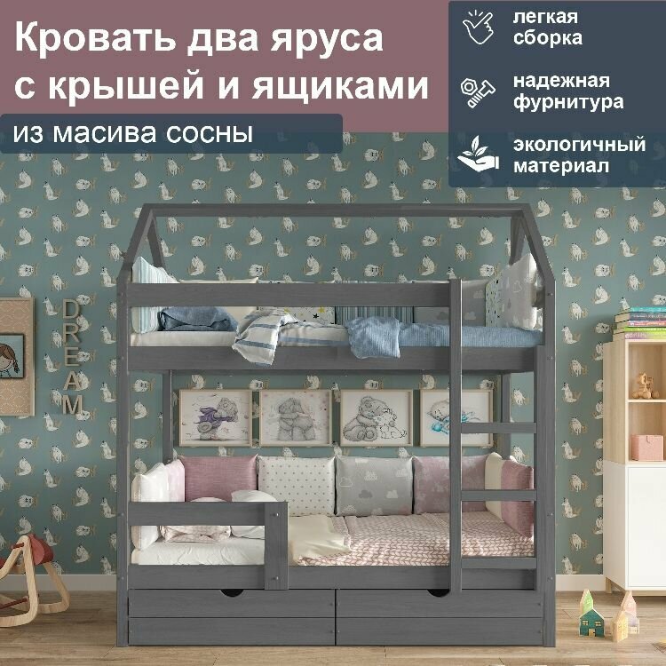 Кровать два яруса с крышей и ящиками