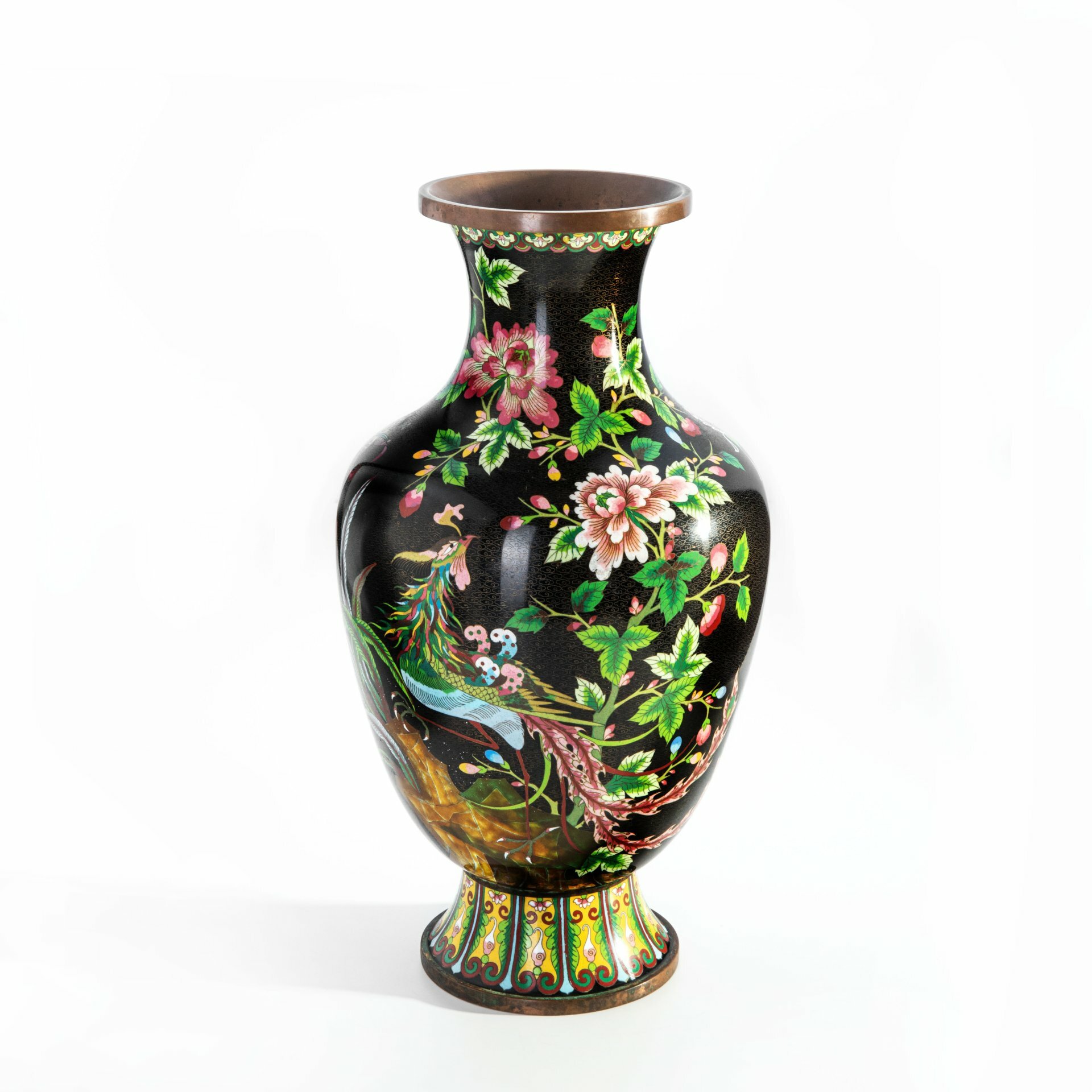 Ваза напольная "Феникс в цветущем саду" в технике клуазоне, латунь, эмаль, Китай