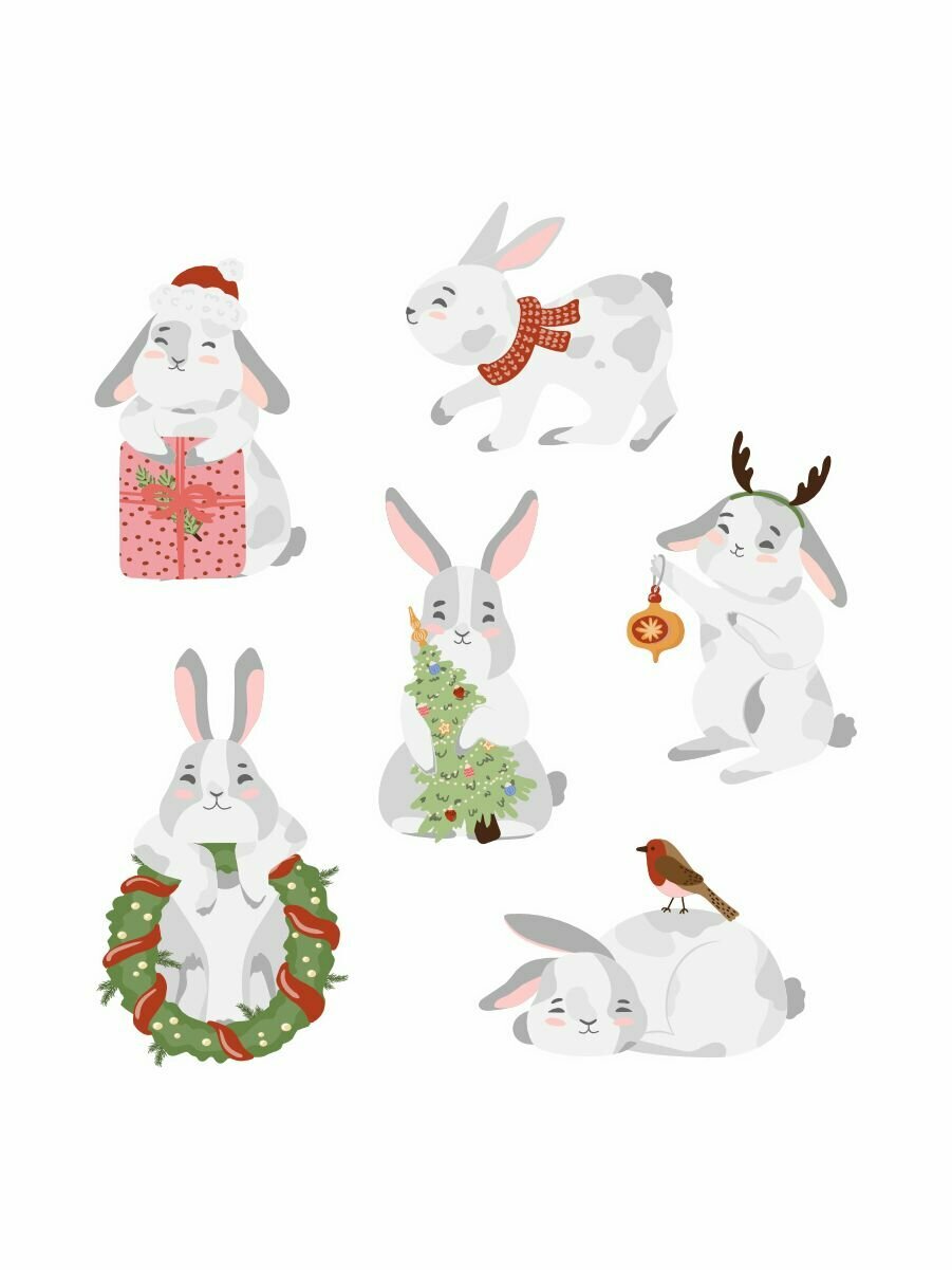 Наклейки стикеры Новогодние зайчики