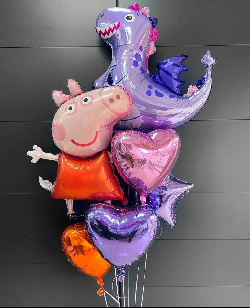 Фонтан из фольгированных воздушных шаров «Свинка Пеппа и дракон»