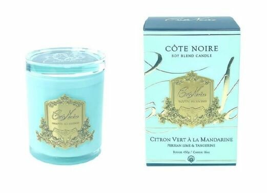 Свеча COTE NOIRE CITRON VERT 450 гр , бирюзовый стаканчик, золотой декор ВхШхД 16х10,5х10,5 см время горения 100 ч