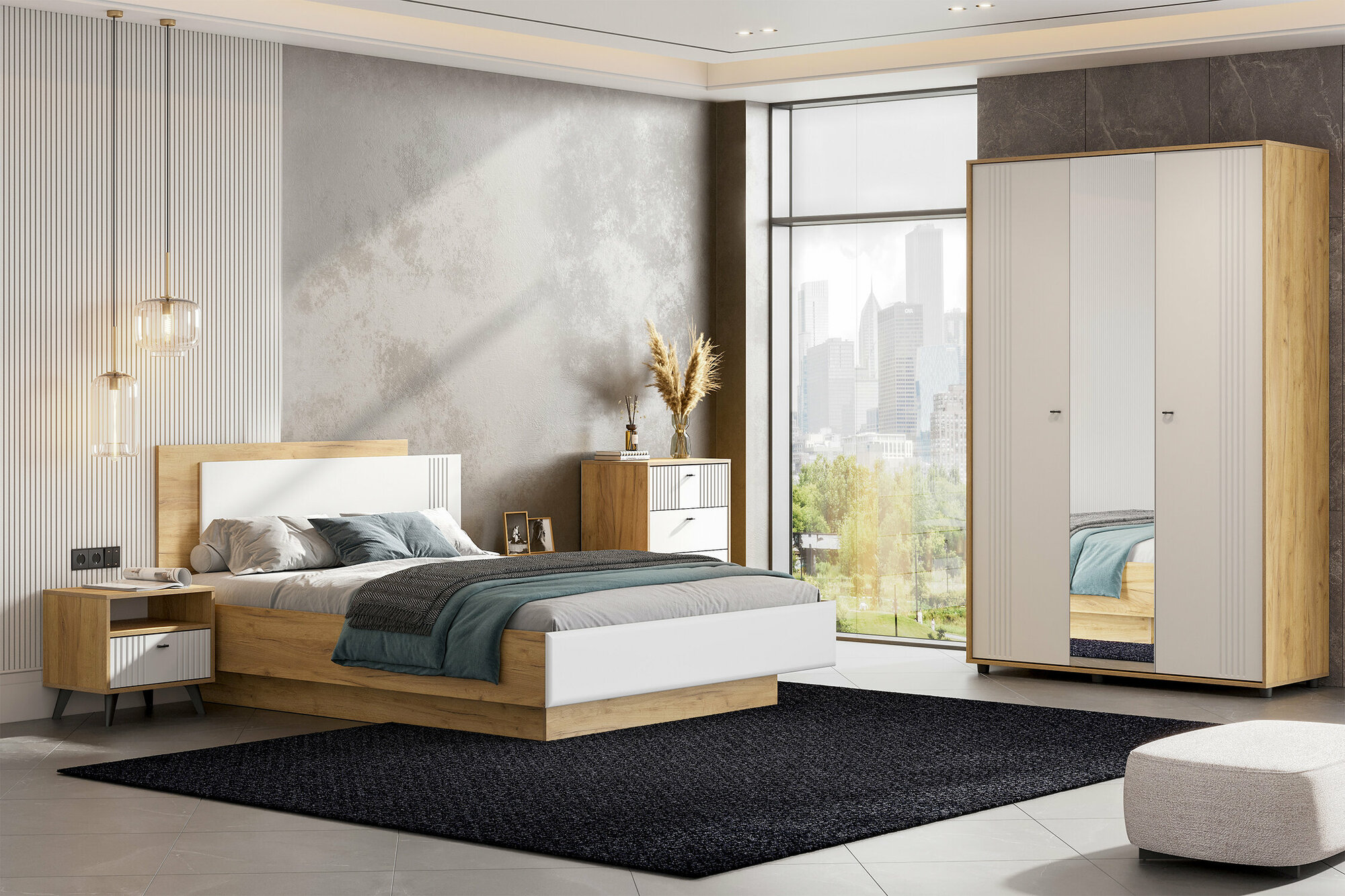 Кровать двуспальная Нонтон Ливенто, 160x200 см, ламели, подъемный механизм, дуб золотой / белый матовый